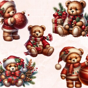Christmas Teddy Bear Clipart Bundle, Watercolor Bear Ornaments, Festive ...