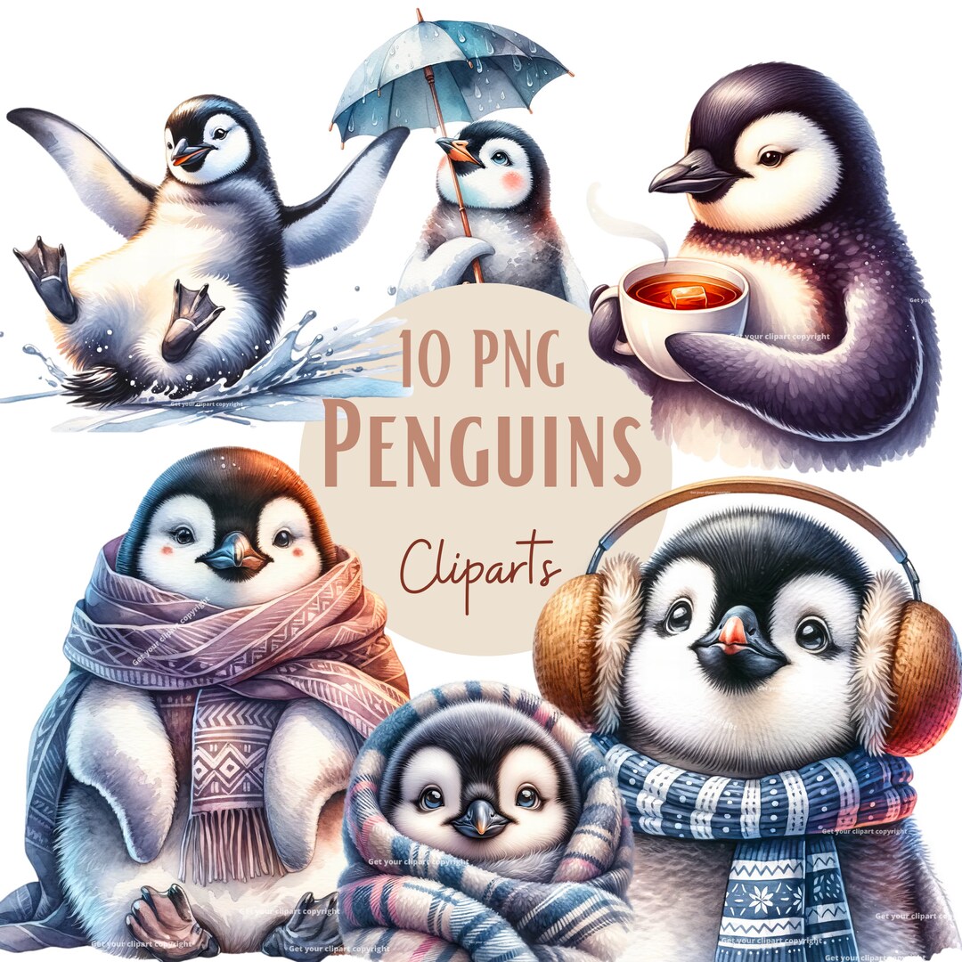 Penguins Clipart Bundle, Cute Penguins, Set of 10, Transparent ...