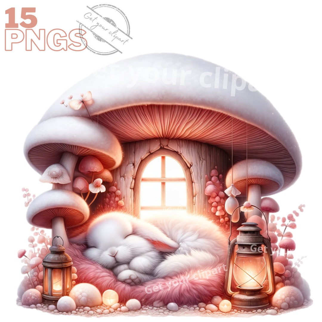 Pink Bunny and Mushroom Clipart Bundle, Spring Clipart, Cute Bunny ...