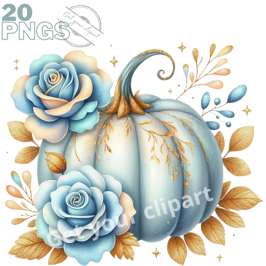 Blue Pumpkin Clipart Bundle, Floral Pumpkin Graphics, Fall Printable ...