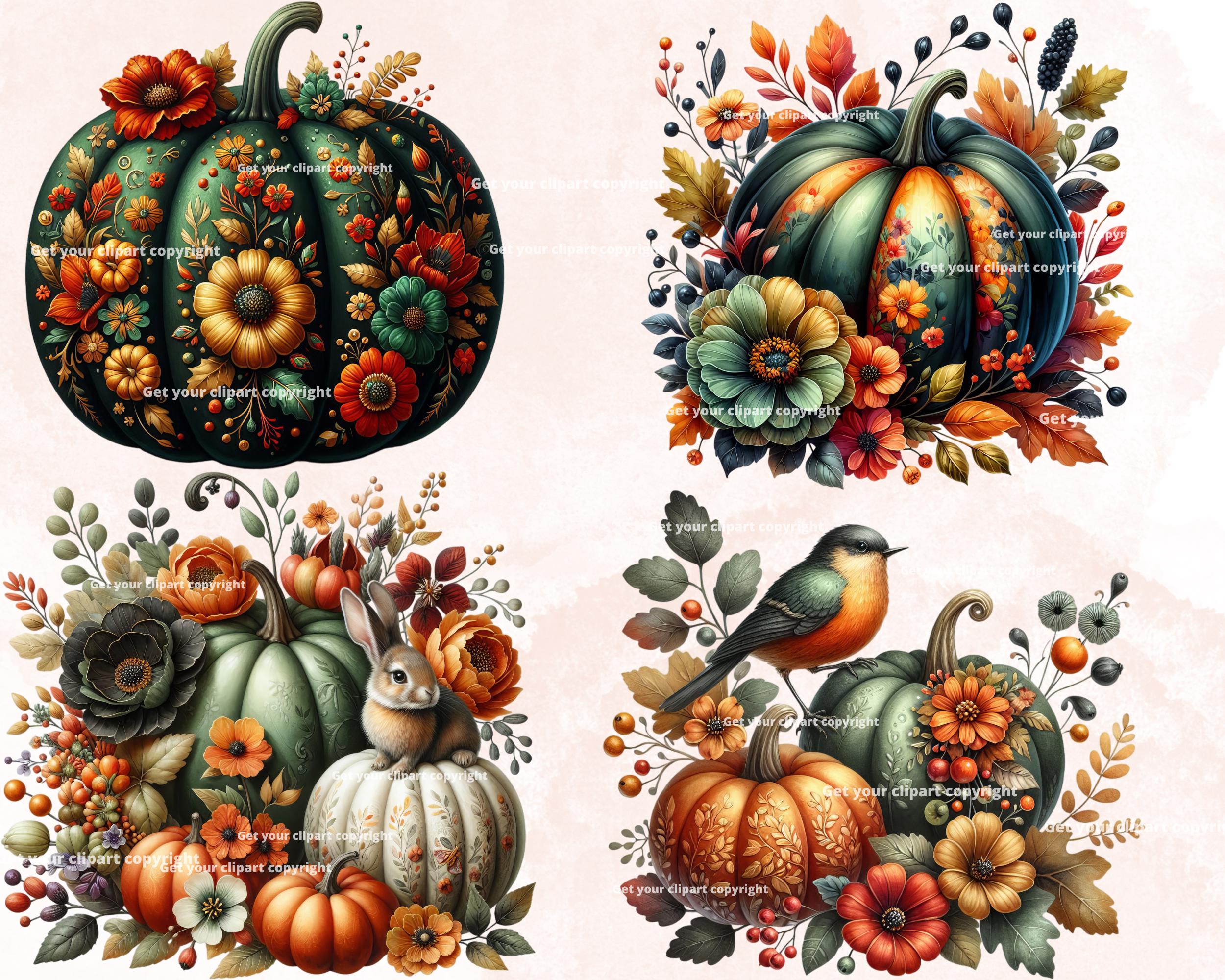 Green Pumpkin Clipart Bundle, Floral Pumpkin Graphics, Forest Clipart ...