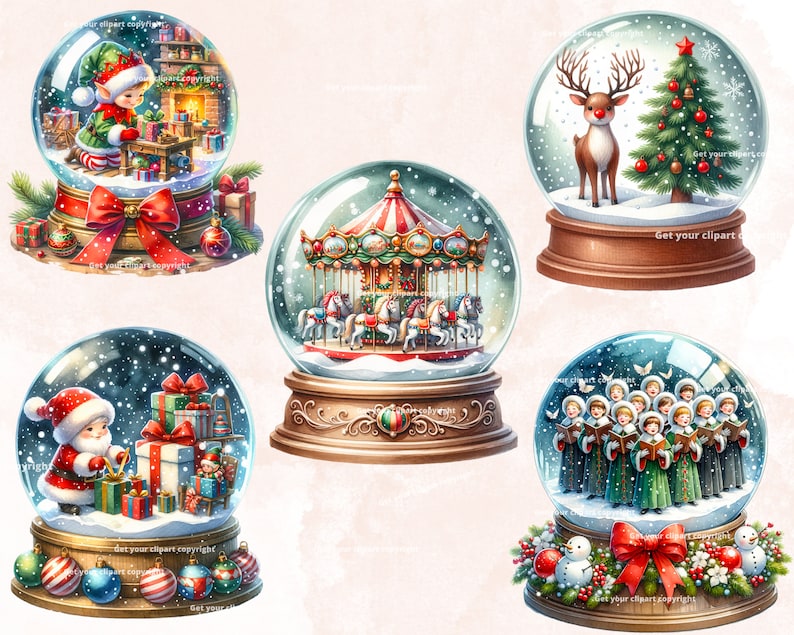 Christmas Snowglobe Clipart Bundle, Watercolor Christmas Clipart, PNG ...