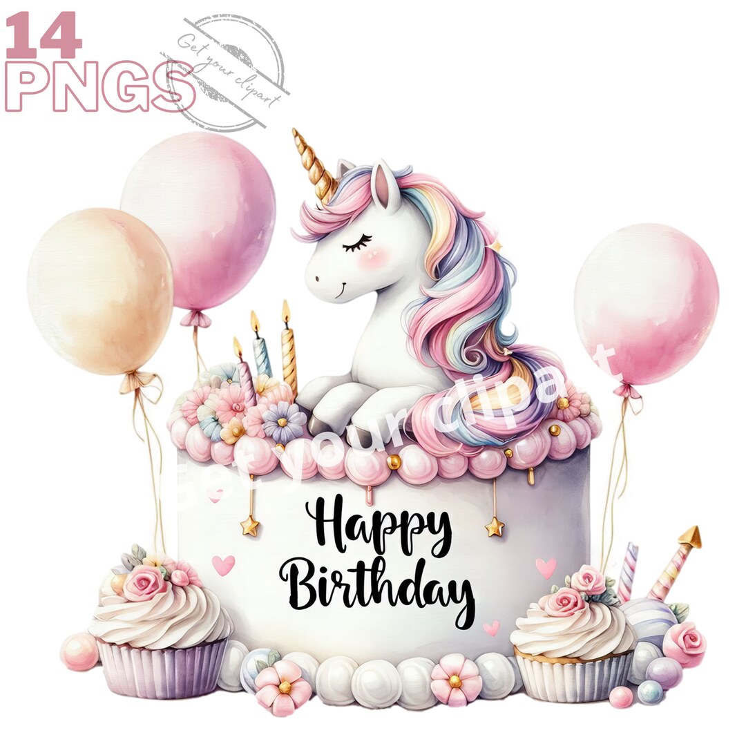 Unicorn Birthday Cake Clipart Bundle, Happy Birthday Graphics, Cake Png ...