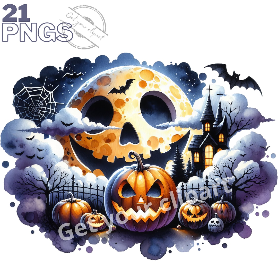 Halloween Spooky Moon Clipart Bundle, Spooky Halloween Png Graphics ...