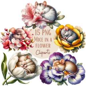 Mice and Flowers Clipart Bundle, Mice Nursery Print, Watercolor Mice ...