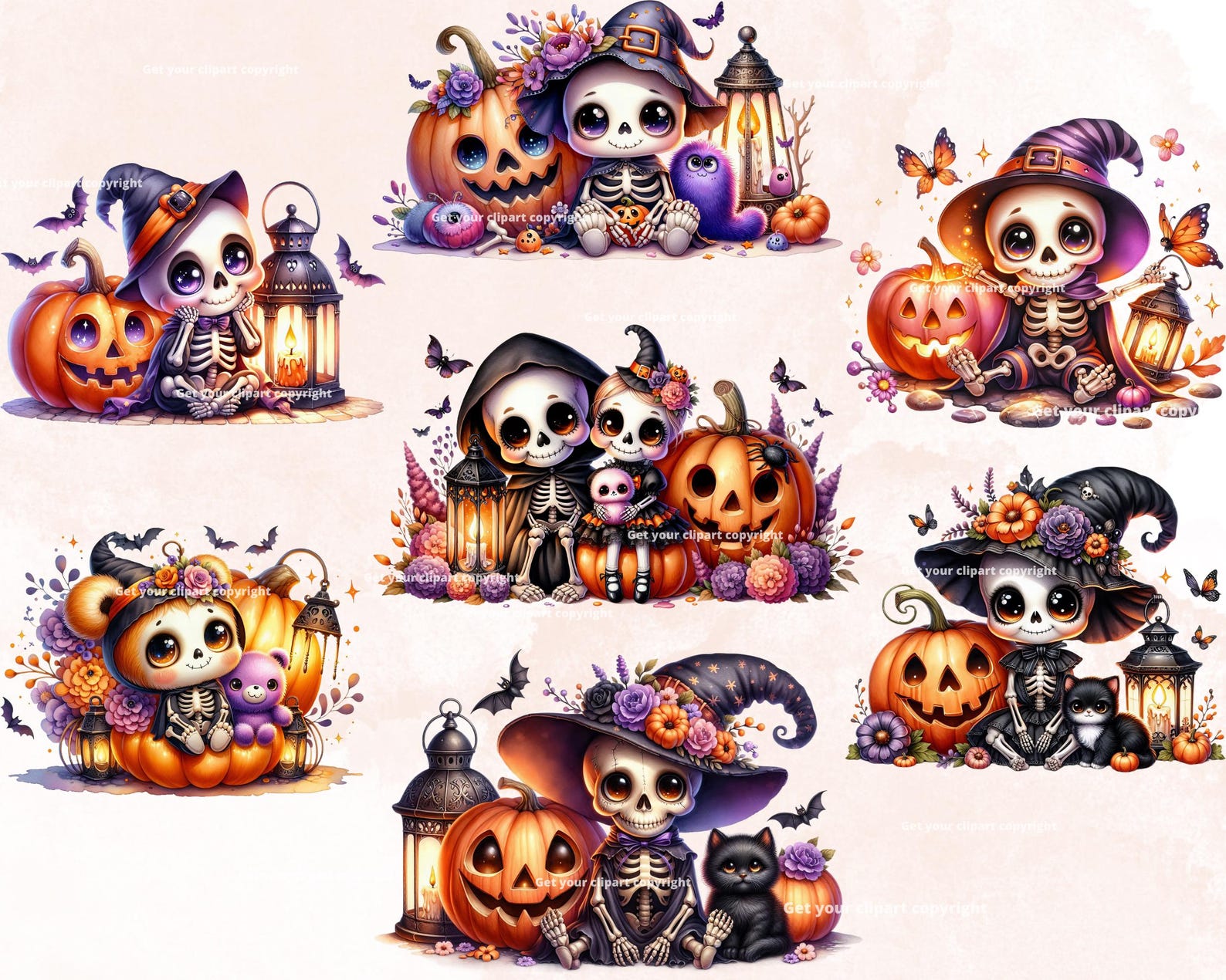 Cute Halloween Skeletons Clipart Bundle, Halloween Clipart, Cute ...