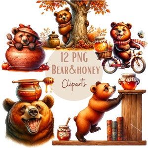 Bear and Honey Clipart Bundle, Bear Watercolor PNG, Honey Graphics ...