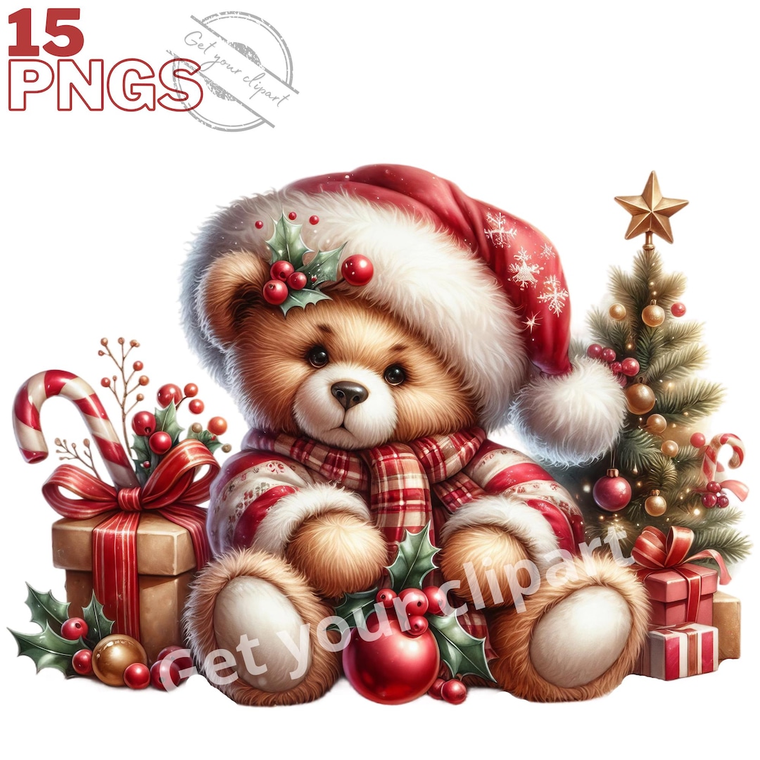 Christmas Teddy Bear Clipart Bundle, Watercolor Bear Ornaments, Festive ...