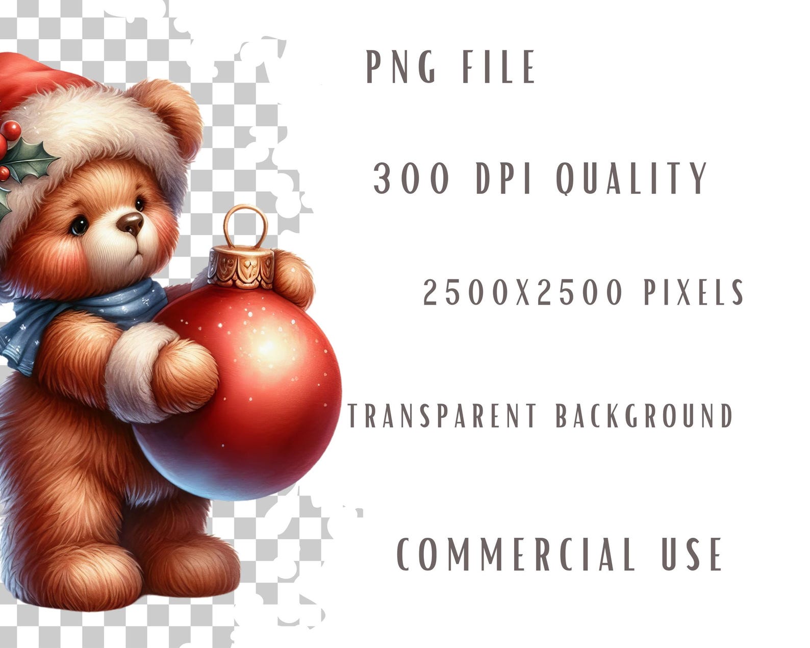 Christmas Teddy Bear Clipart Bundle, Watercolor Bear Ornaments, Festive ...