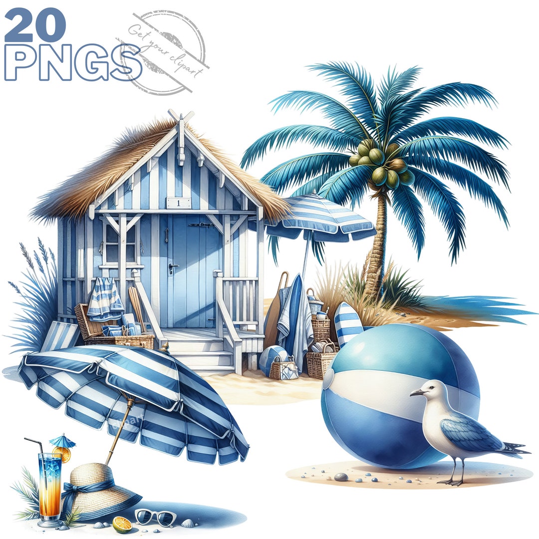 Blue Summer Beach Clipart Bundle, Beach Pngs, Tropical Clipart, Summer ...