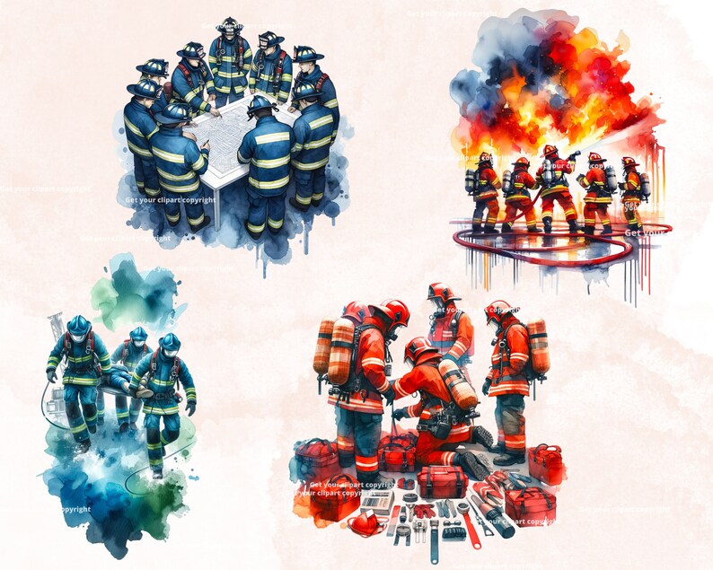 Firefighter Clipart Bundle, Watercolor Firefighter Graphics, With ...