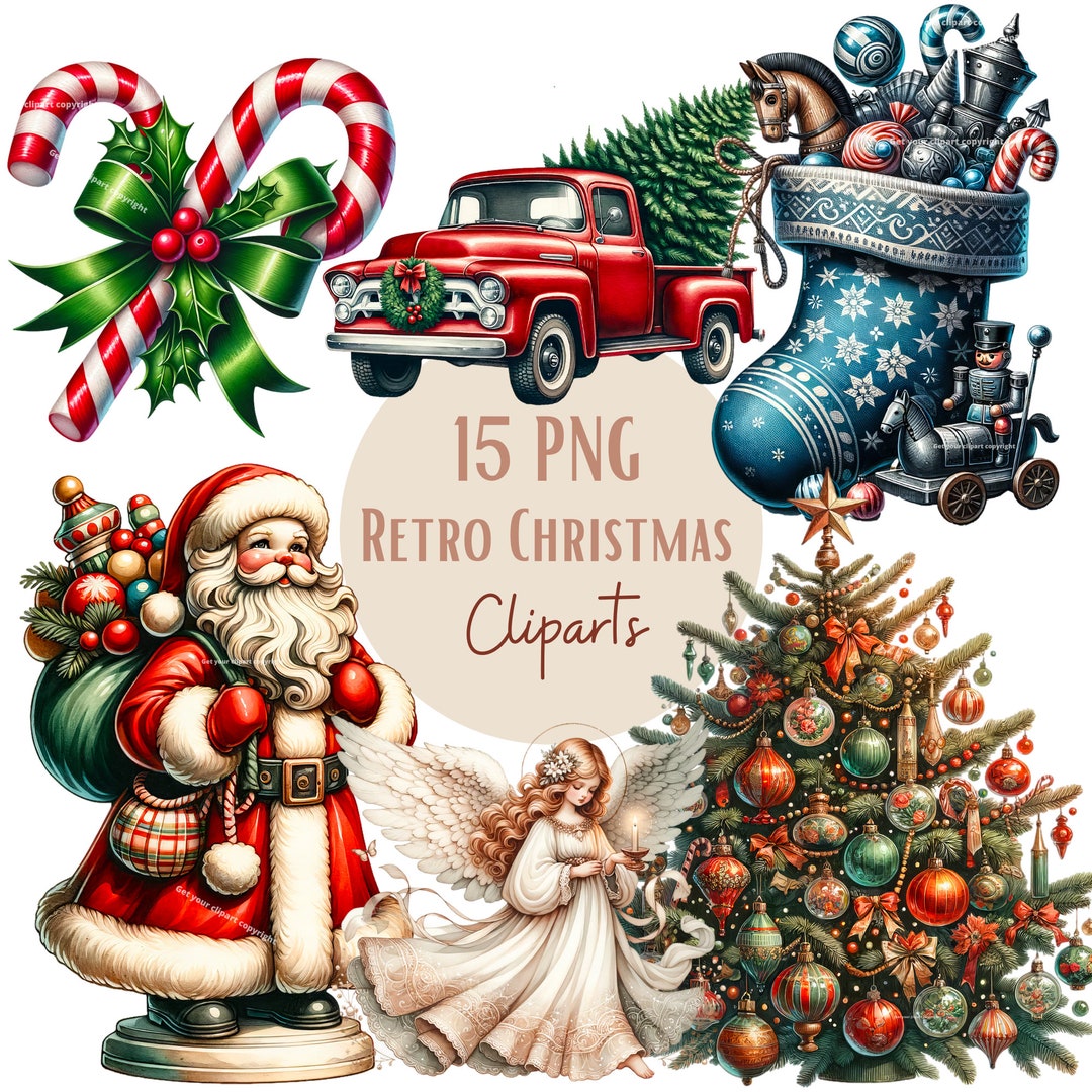 Retro Christmas Clipart Bundle, Christmas Png Graphics, Santa Claus Png ...