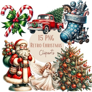 Retro Christmas Clipart Bundle, Christmas Png Graphics, Santa Claus Png ...