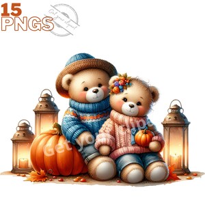 Fall Teddy Bears Couple Clipart Bundle, Teddy Bear Clipart, Teddy Bear ...