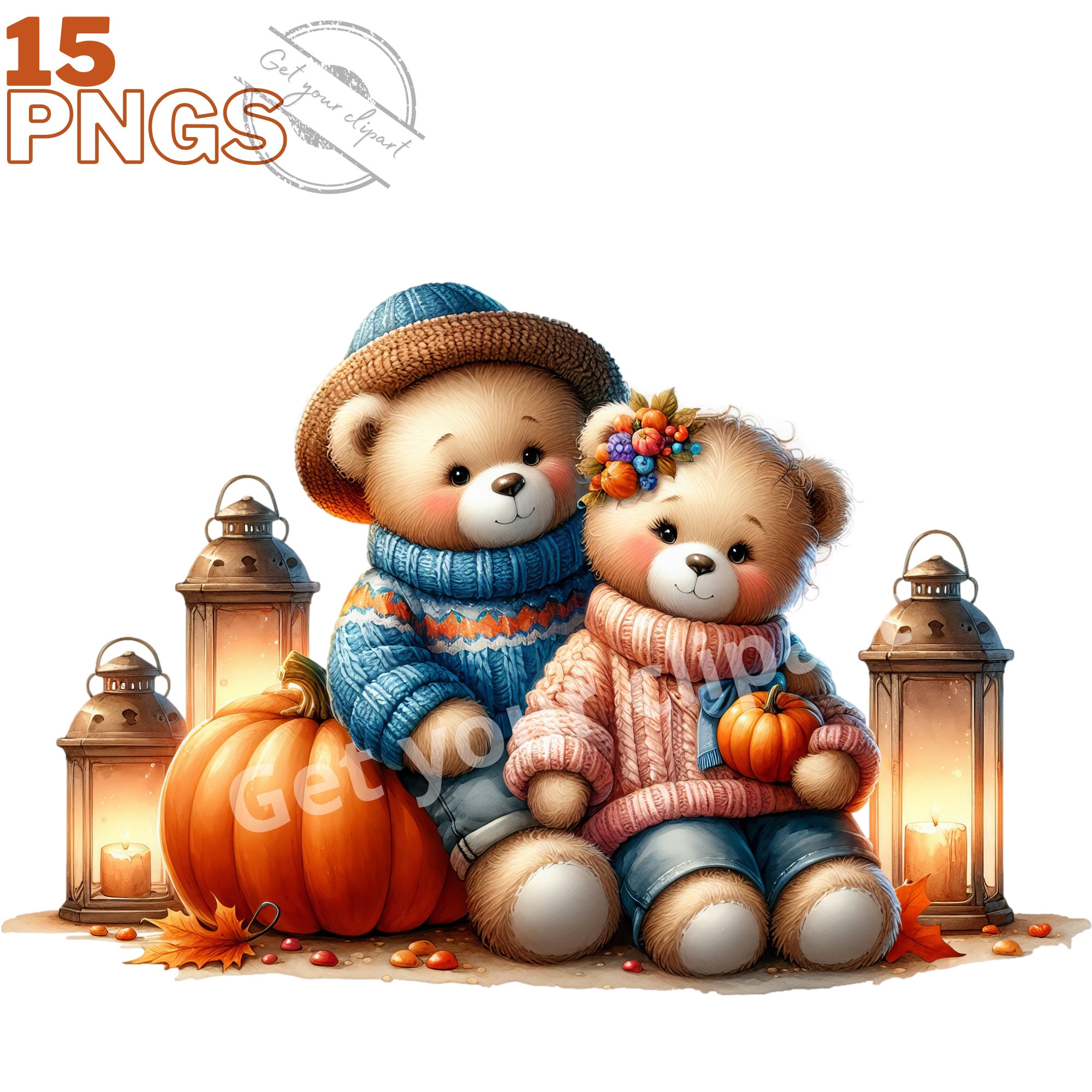 Fall Teddy Bears Couple Clipart Bundle, Teddy Bear Clipart, Teddy Bear ...