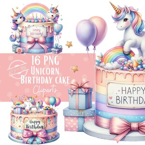 Unicorn Birthday Cake Clipart Bundle, Happy Birthday Graphics, Pink ...