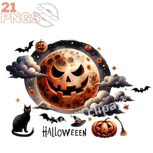 Halloween Spooky Moon Clipart Bundle, Spooky Halloween Png Graphics ...