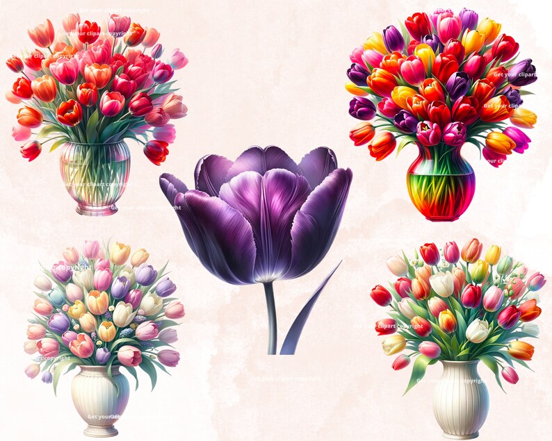 Spring Tulips Clipart Bundle, Watercolor Flowers Clipart, Spring Png ...