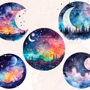 Watercolor Moon Star Clipart Bundle, Moon Png Graphics, Evening Sky Png ...