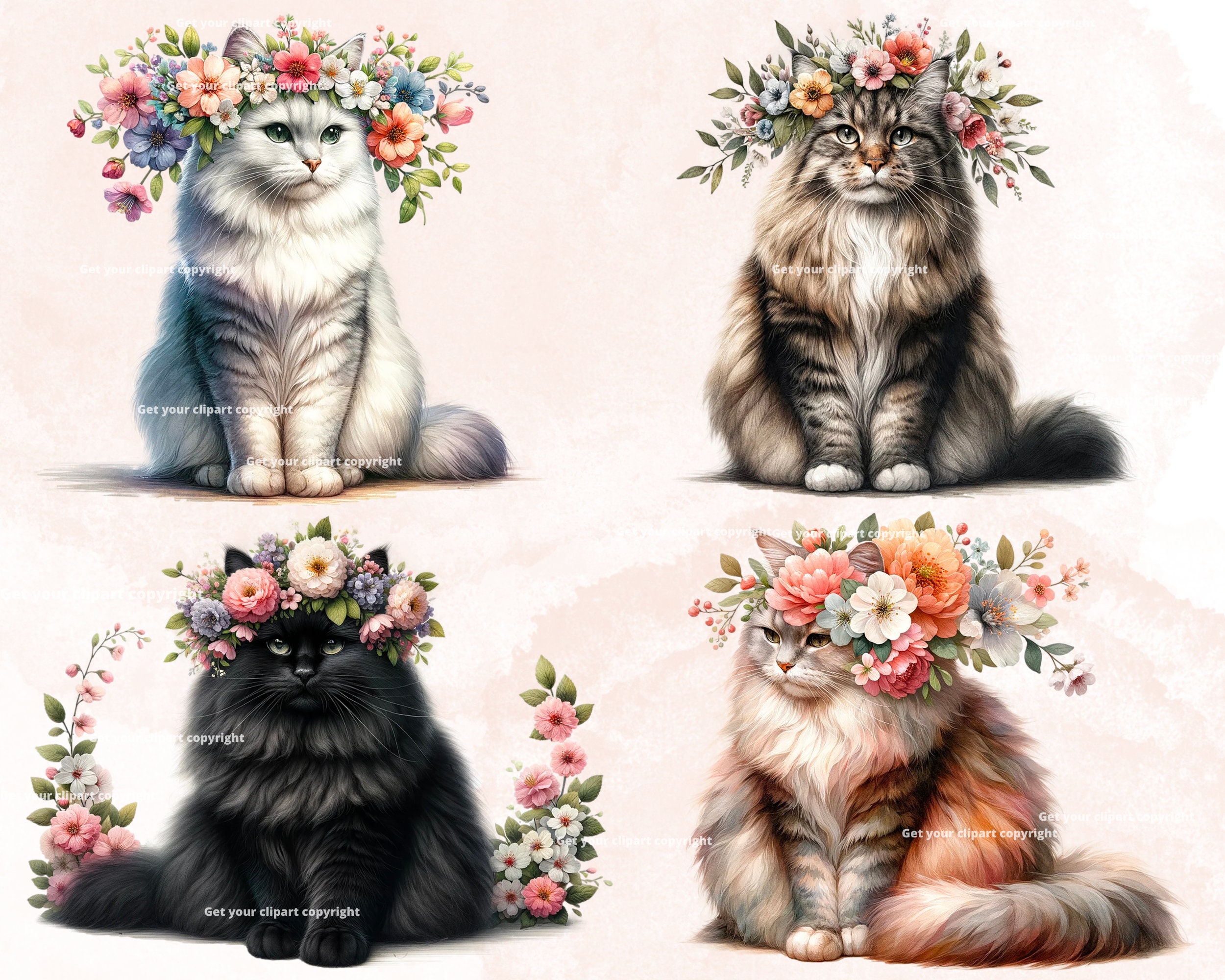 Cats and Flowers Clipart Bundle, Spring Cats, Watercolor Cats Graphics ...