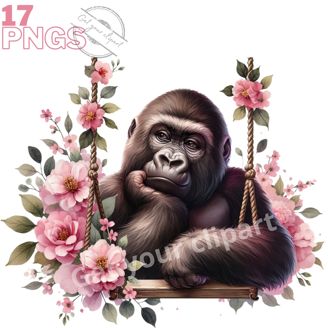 Floral Gorilla Clipart Bundle, Jungle Animal Png Files, Jungle Png ...