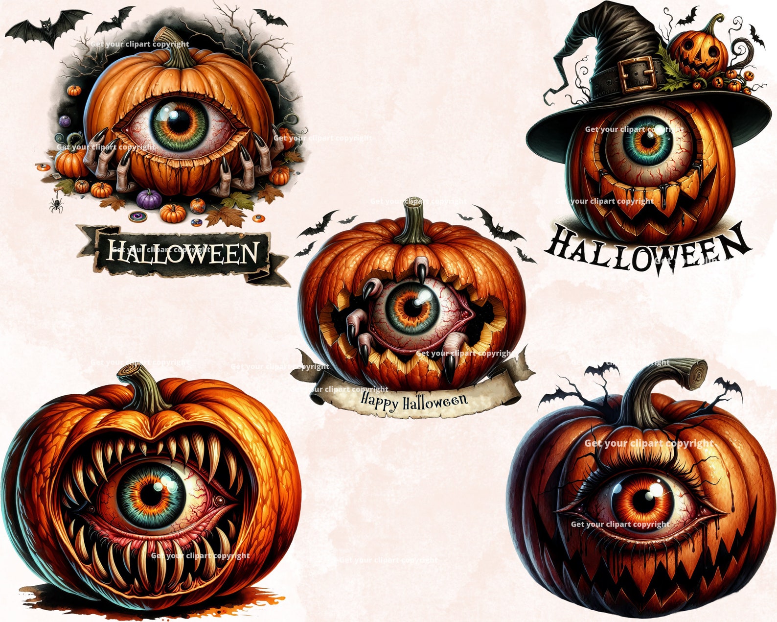 Halloween Creepy Pumpkin Clipart Bundle, Halloween Pumpkin Png Graphics ...