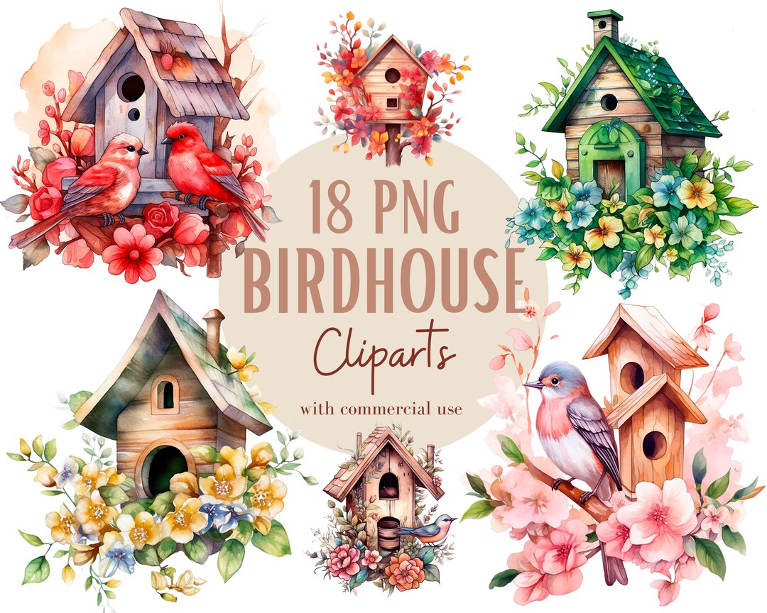Birdhouse Clipart, Watercolor Birdhouses, Watercolor Spring Clipart ...