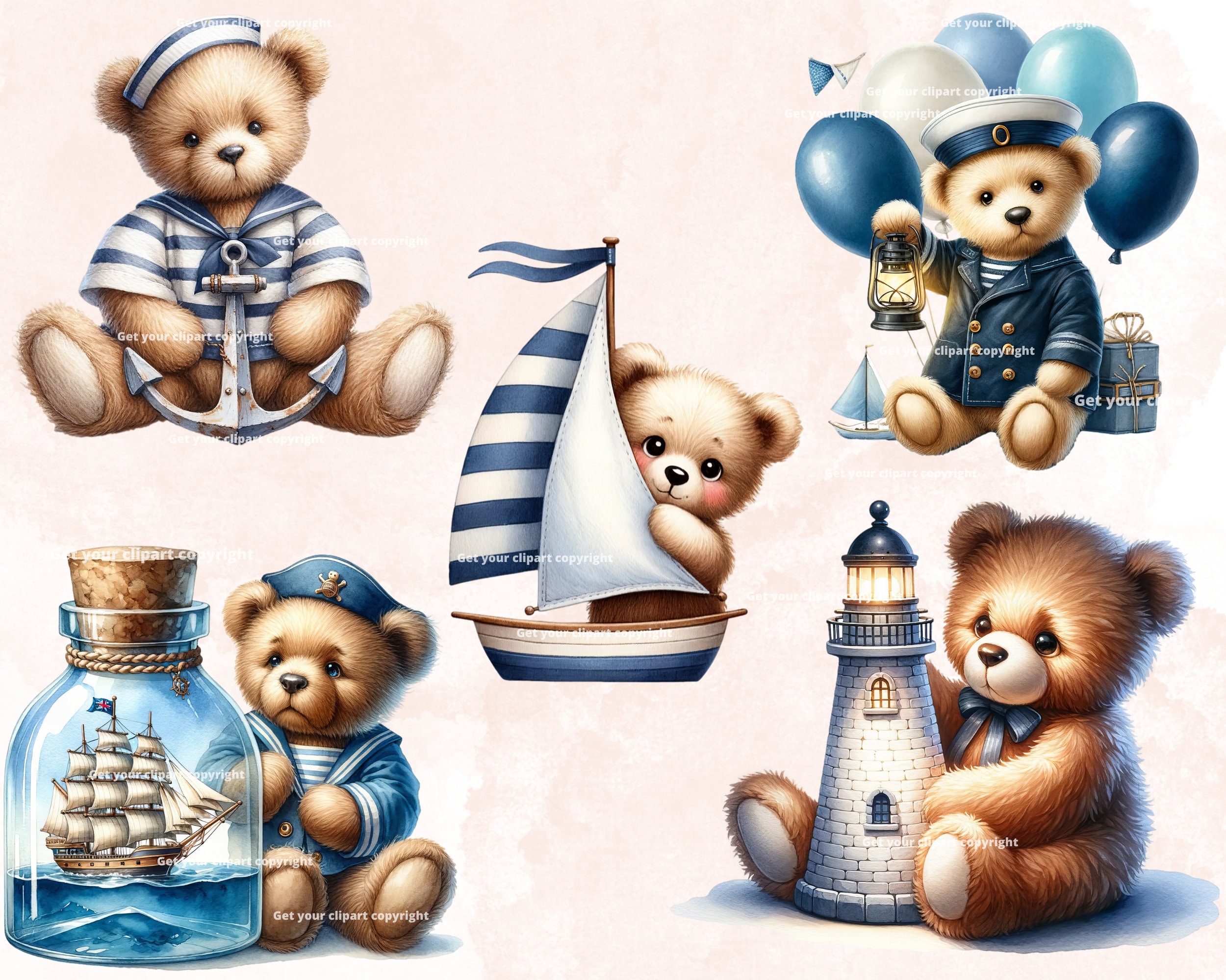 Nautical Teddy Bear Clipart, Nursery Graphics, Nautical Clipart, Teddy ...