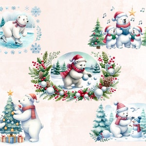 Polar Bear Clipart Bundle, Christmas Watercolor PNG, Transparent ...