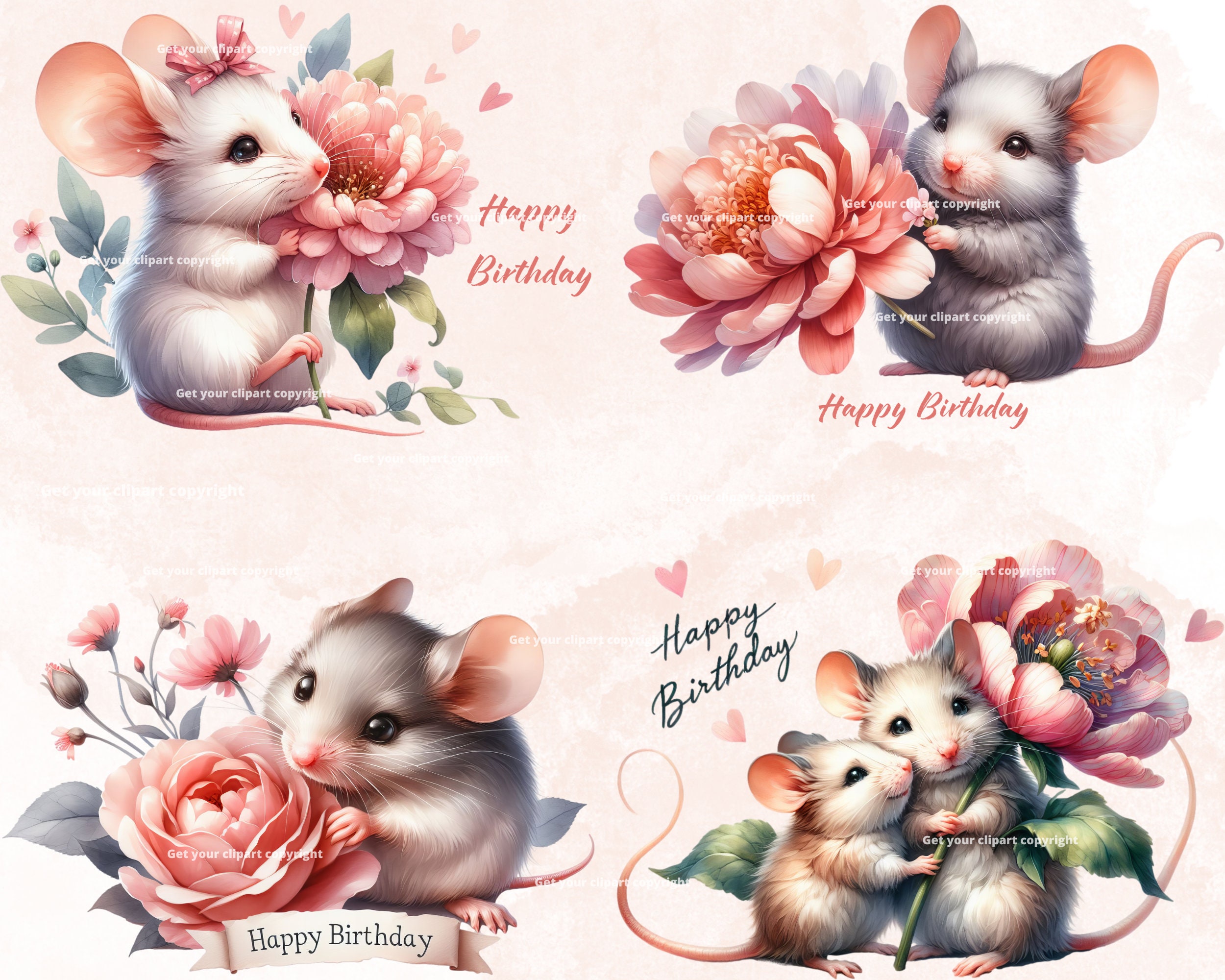 Happy Birthday Mice Clipart Bundle, Mice Pngs, Watercolor Mice Graphics ...
