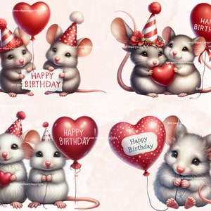Happy Birthday Mice Clipart Bundle, Mice Pngs, Watercolor Mice Graphics ...