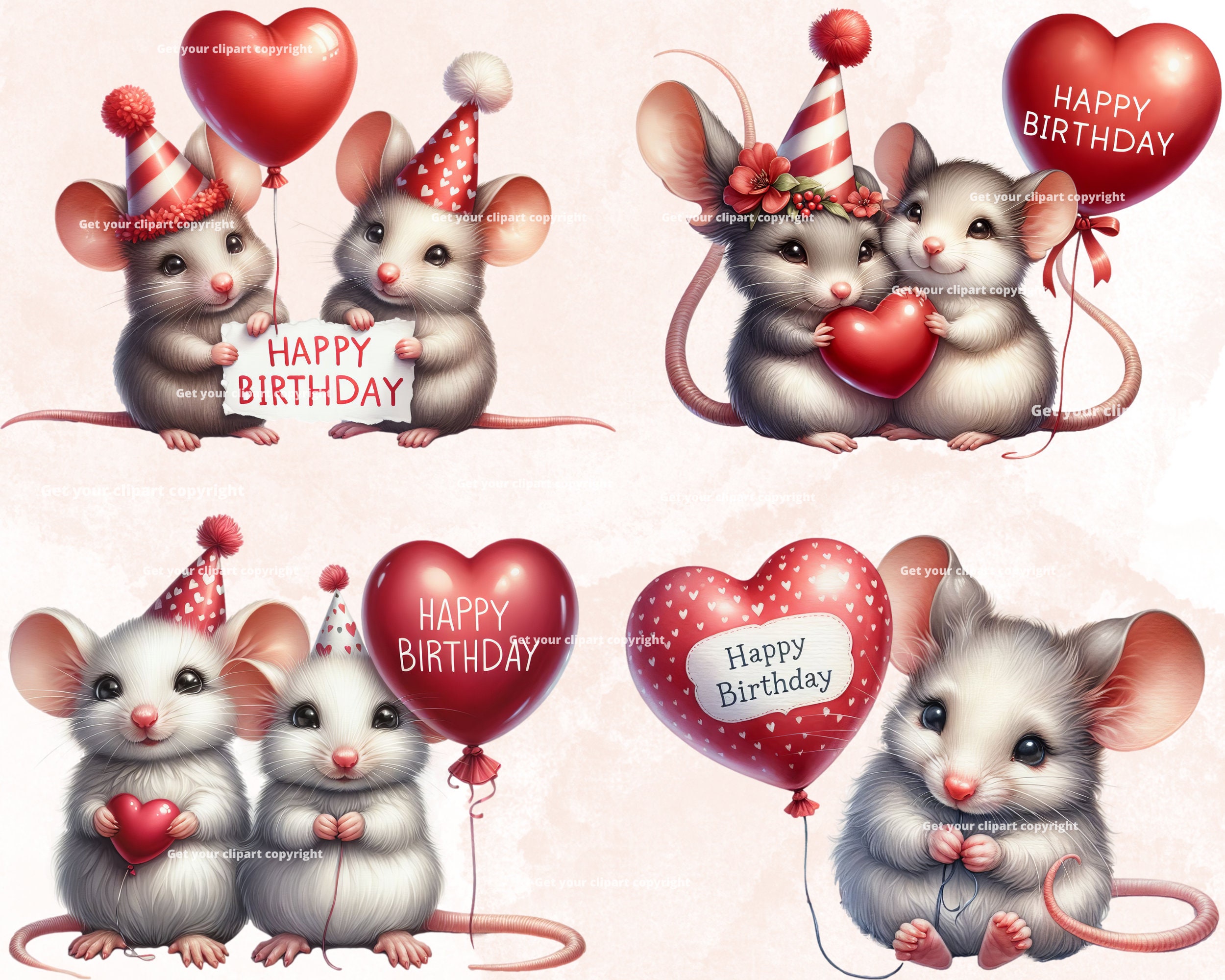 Happy Birthday Mice Clipart Bundle, Mice Pngs, Watercolor Mice Graphics ...