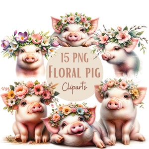 Floral Pig Clipart Bundle, Cute Pig, Farm Animal Clipart, Spring ...