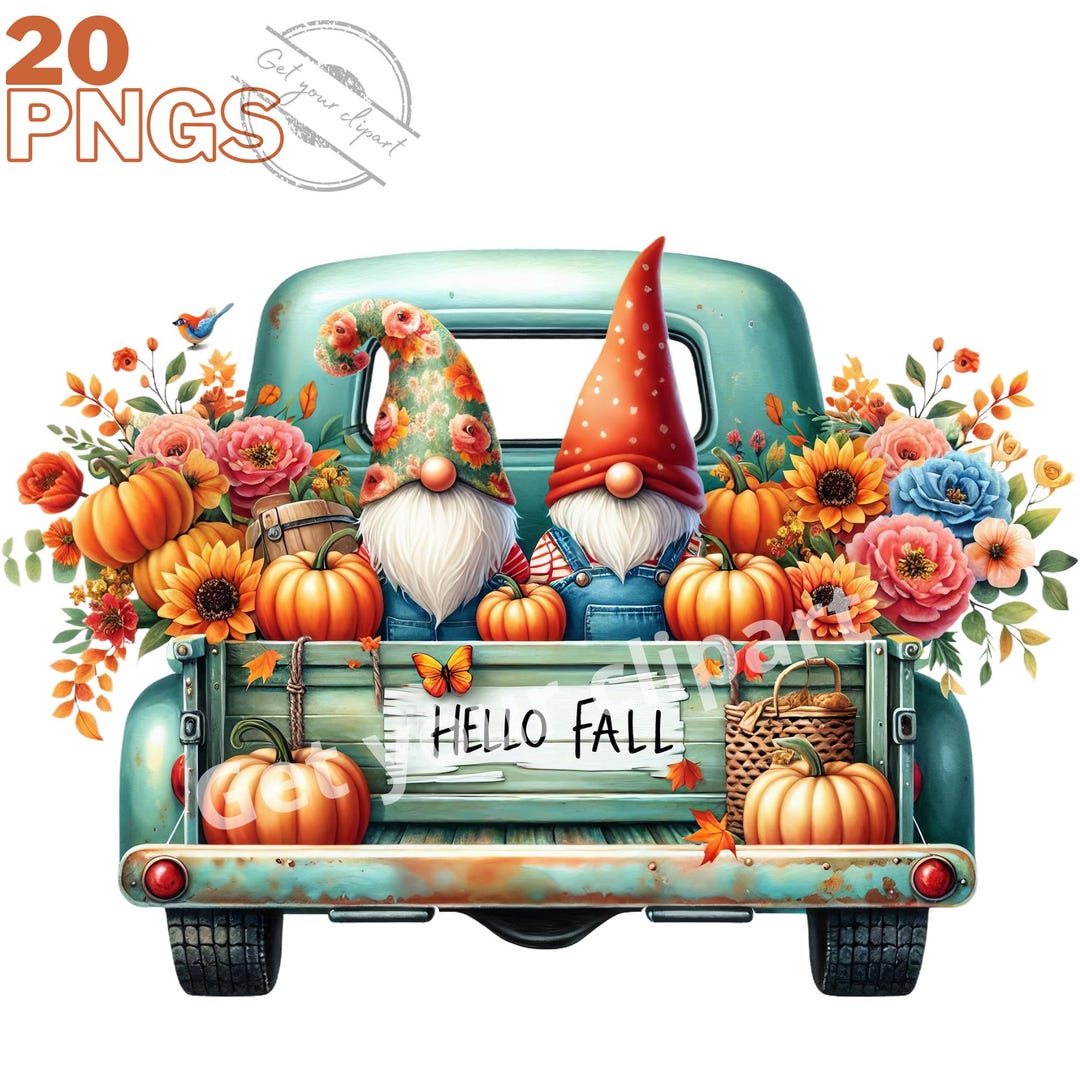 Fall Truck and Gnomes Png Graphics, Hello Fall Clipart, Farm Truck Png ...