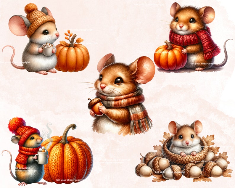 Autumn Mice Clipart Bundle, Cute Mice, Set of 15, Transparent ...