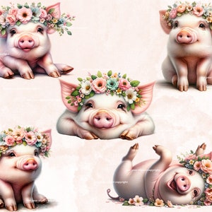 Floral Pig Clipart Bundle, Cute Pig, Farm Animal Clipart, Spring ...
