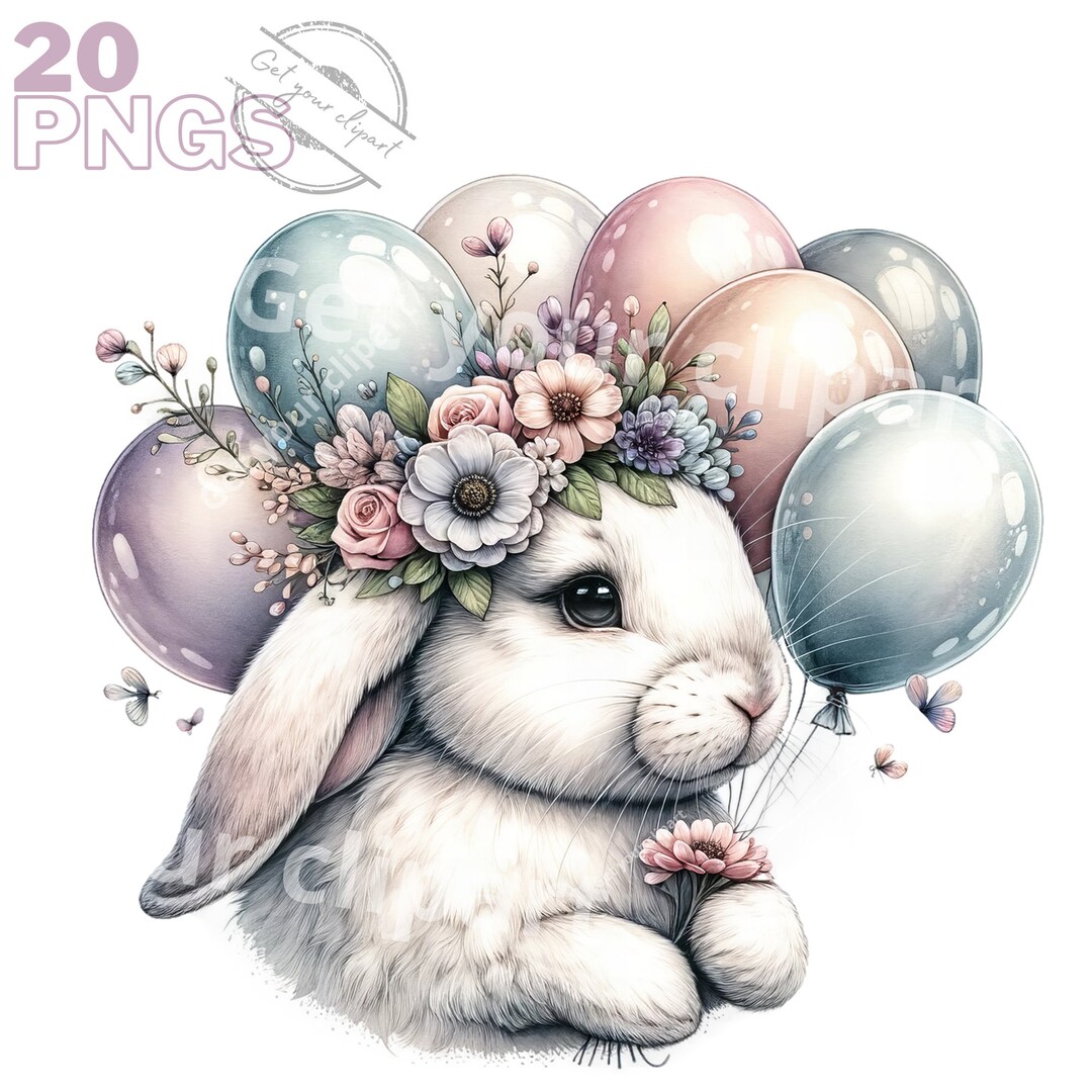 Bunny and Balloons Clipart Bundle, Bunny Nursery Print, Watercolor ...