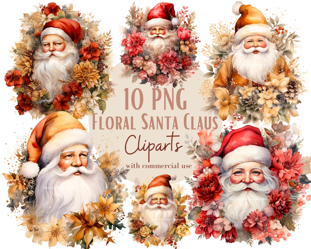 Floral Santa Claus Clipart Bundle, Santa Claus Png Bundle, Santa ...