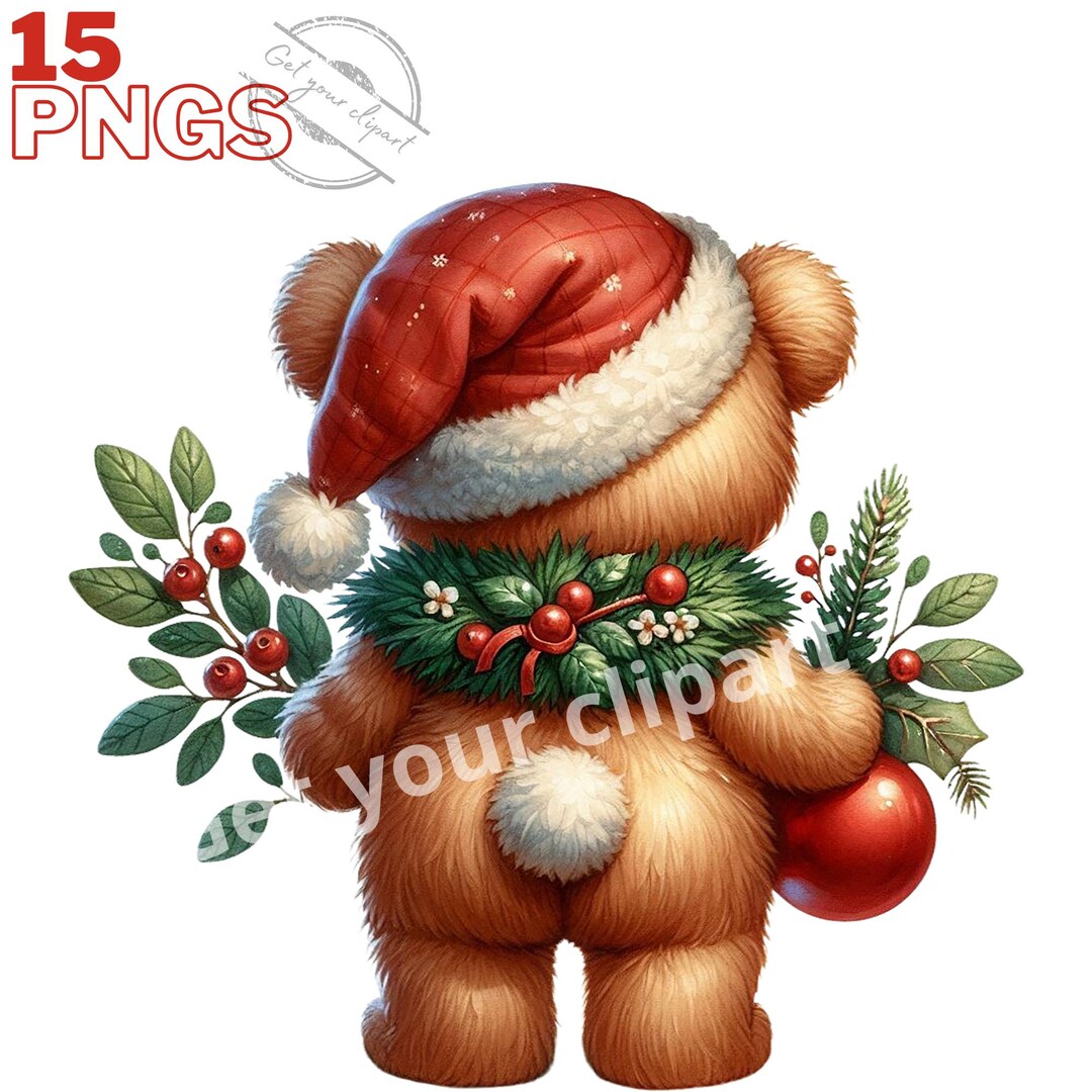 Christmas Teddy Bear Clipart Bundle, Watercolor Bear Ornaments, Festive ...