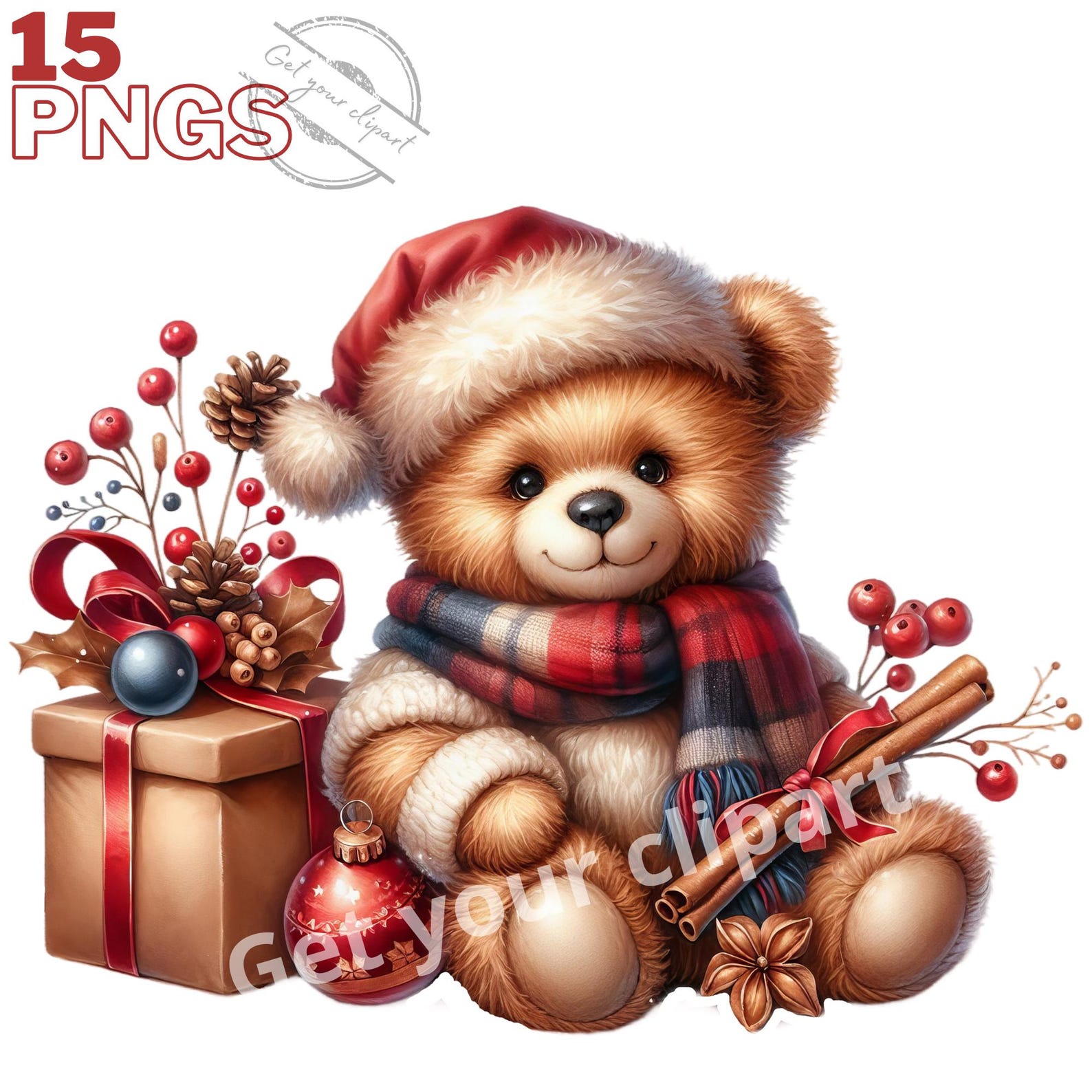 Christmas Teddy Bear Clipart Bundle, Watercolor Bear Ornaments, Festive ...