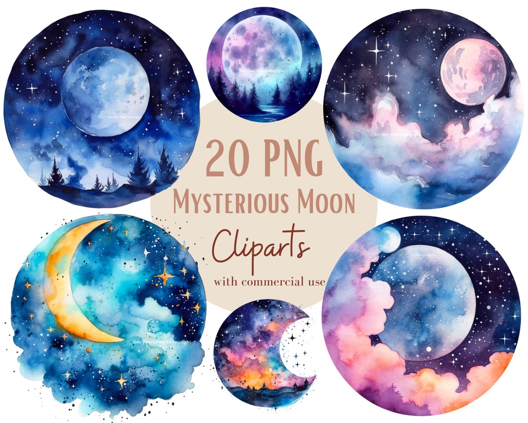 Watercolor Moon Star Clipart Bundle, Moon Png Graphics, Evening Sky Png ...