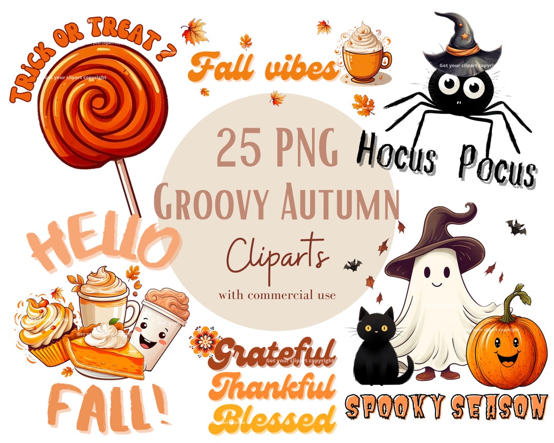 Groovy Autumn Clipart Bundle, Spooky Season Graphics, Halloween Clipart ...