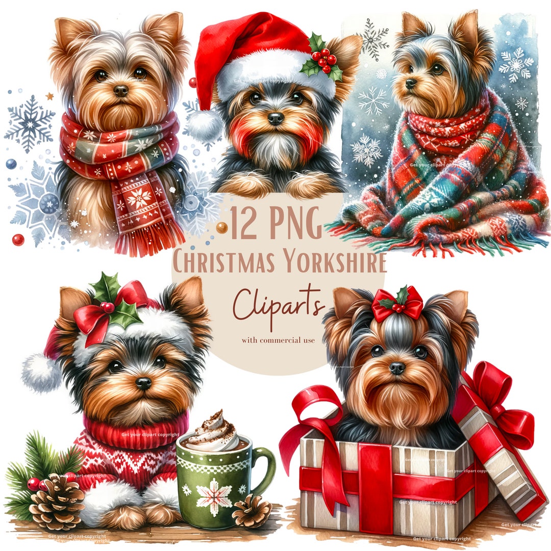 Christmas Yorkshire Png Graphics, Watercolor Dog Clipart, Set of 12 ...