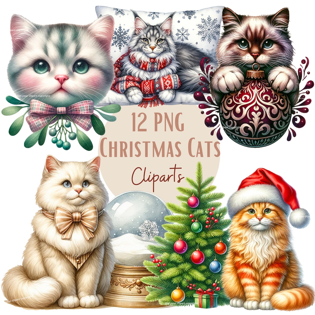 Cat Clipart Bundle, Christmas Cat Png, Christmas Png Bundle, Set of 12 ...