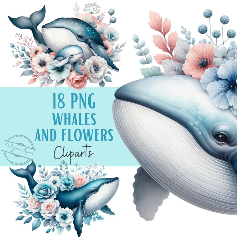 Whales With Flowers Clipart Bundle, Whales Clipart, Tropical Designs ...