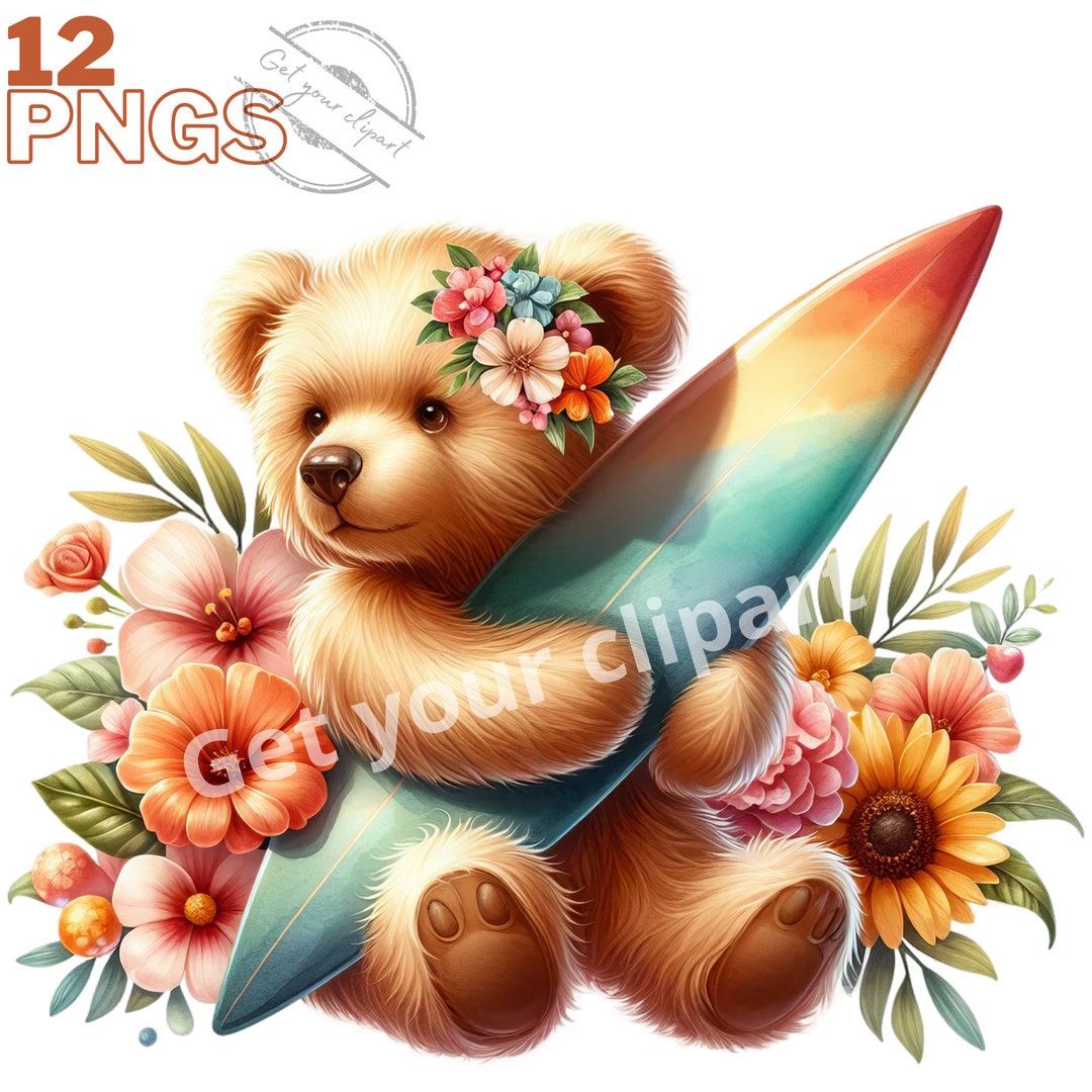 Surfing Teddy Bear Clipart Bundle, Nursery Graphics, Surf Clipart ...