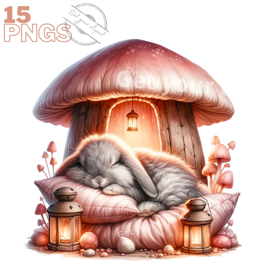 Pink Bunny and Mushroom Clipart Bundle, Spring Clipart, Cute Bunny ...