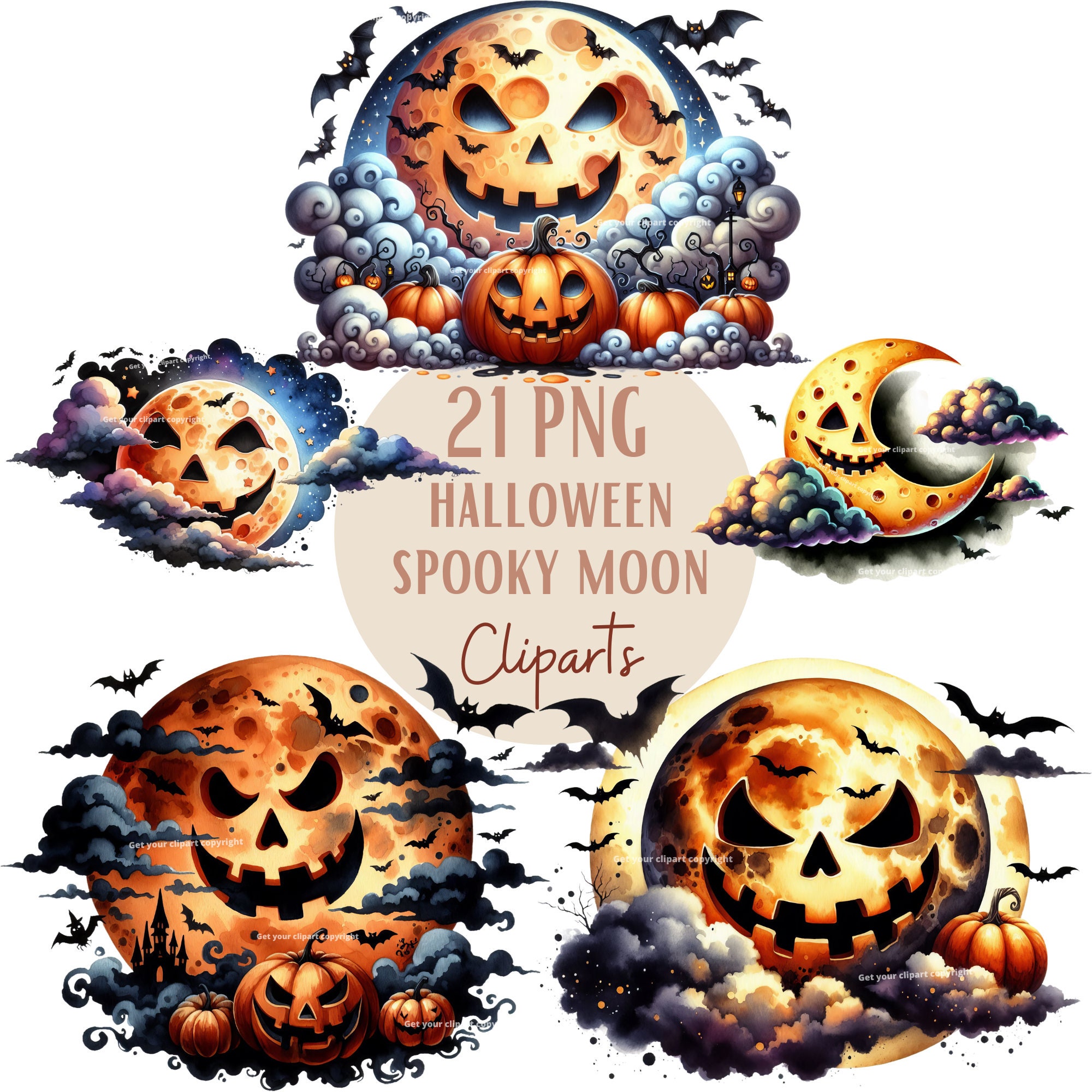Halloween Spooky Moon Clipart Bundle, Spooky Halloween Png Graphics ...