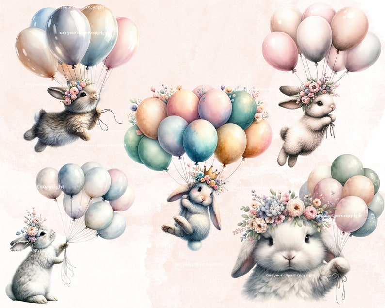 Bunny and Balloons Clipart Bundle, Bunny Nursery Print, Watercolor ...