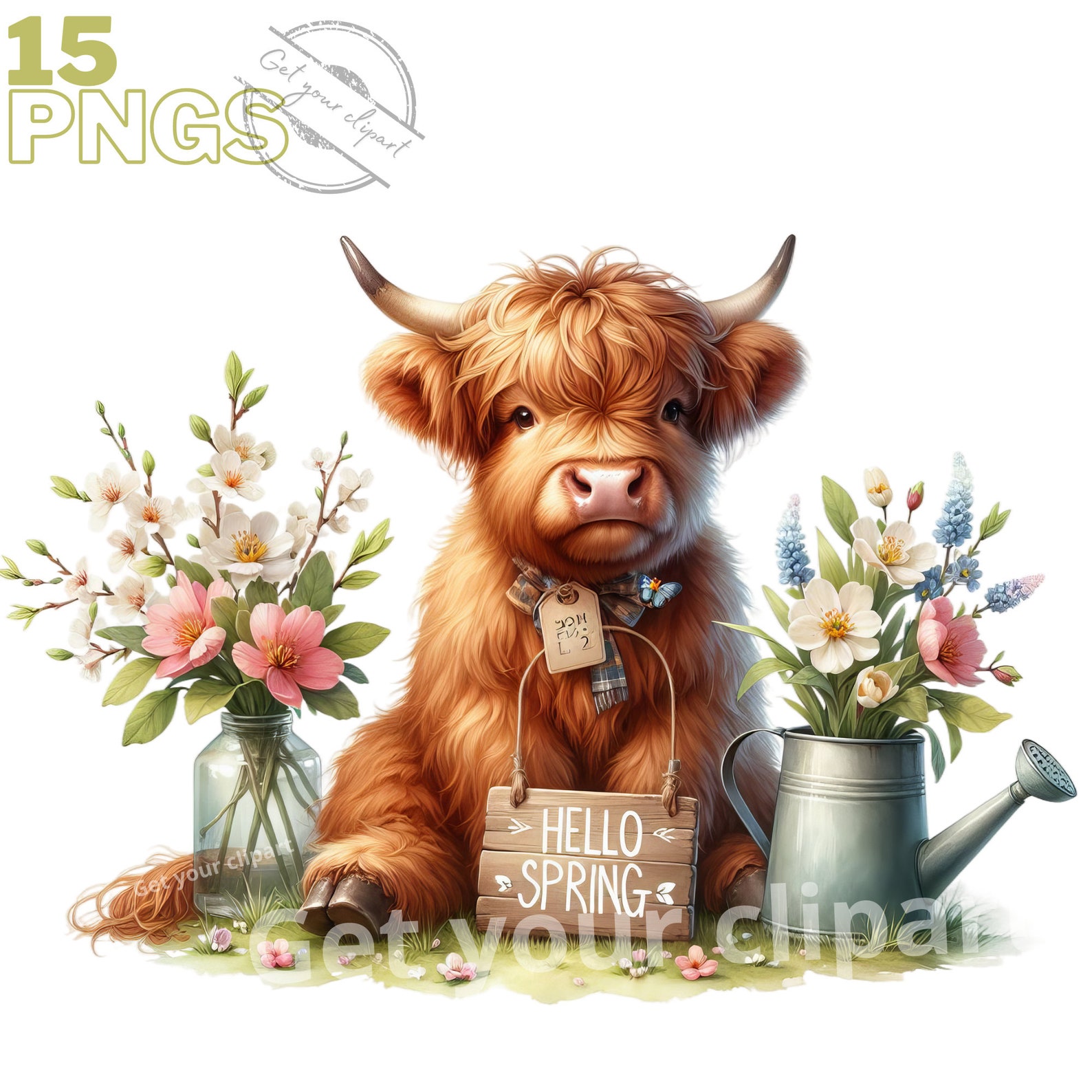 Spring Highland Cow Clipart Bundle, Printable Spring Graphics, Highland ...
